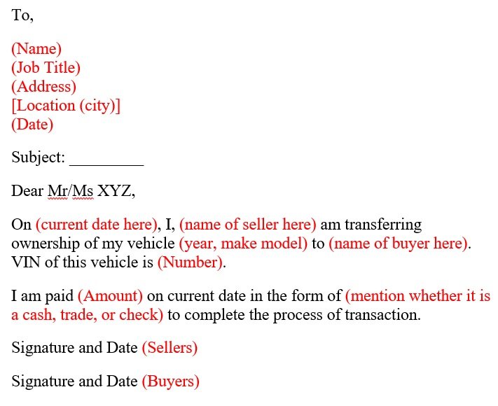Sample Authorization Letter to Transfer Ownership of a Vehicle (Word ...