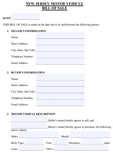 Printable New Jersey Vehicle Bill of Sale Form (Word / PDF) - Excel TMP